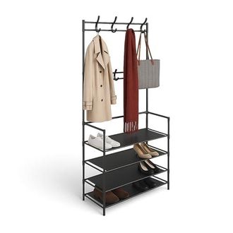 Relaxdays Garderobenst&auml;nder, 4 Schuhablagen, 8 Doppelhaken, Flur, freistehende Garderobe HBT 150 x 61 x 27,5 cm, schwarz