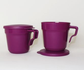 Tupperware Mikrowelle Aloha 2x Tasse mit Henkel 350ml Lila Trinktasse + Mini Sieb lila