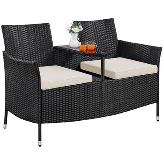 Yaheetech Salon de Jardin Banc Ext&eacute;rieur 2 Places en R&eacute;sine Tress&eacute;e Banquette Canap&eacute; avec Table Centrale en Verre Tremp&eacute; Coussins Amovibles Loveseat Patio