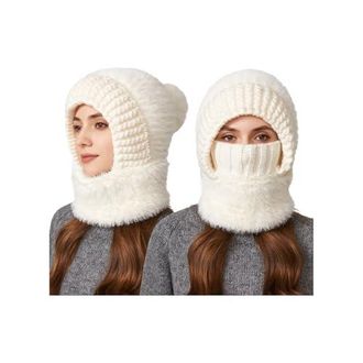 Generic Capuche en tricot thermique pour femme - Bonnet dhiver doubl&eacute; en polaire, cache-cou et couvre-visage Combo bonnet, &eacute;charpe, masque avec cache-oreilles