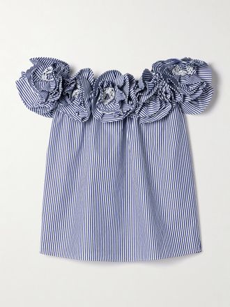 Carolina Herrera Haut &Eacute;paules Nues En Popeline De Coton &Agrave; Rayures Et &Agrave; Volants - Bleu