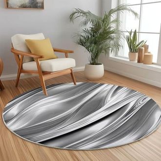 Generic 200 cm Tapis de Salon Rond &agrave; Poils Courts Sol Doux et Confortable, Ondulations Argent&eacute;es M&eacute;tal Lignes Abstraites Argent Noir Imprim&eacute; Antid&eacute;rapant Tapi