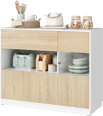 Woltu Buffet, Meuble de Rangement avec 1 Porte Visible, 1 Tiroir, en Bois dIng&eacute;nierie, 100x40x80 cm, Ch&ecirc;ne Clair + Blanc