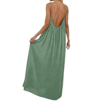 Generic Robe longue caraco dos nu pour femme, sans manches, couleur unie, dos ouvert, robe d&eacute;t&eacute; pour la plage, les vacances, la maison avec noeud dans le dos,