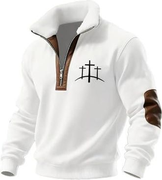 Generic Sweats pour homme en polaire avec fermeture éclair quart de col cadet, sweat-shirt Christ Muscle Tops Patch Pull dhiver Pull Slim Fit, blanc, 3XL