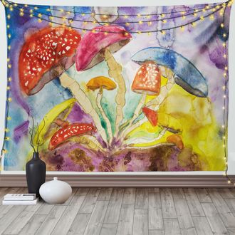 Abakuhaus Psychedelisch Wandteppich, Aquarell Stil Pilze Dreamy Grungy Stil Enchanted Forest Thema, aus Weiches Mikrofaser Stoff Wand Dekoration F&uuml;r Schlafzimme