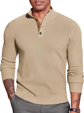 Coofandy Herren Pullover Half Neck Stehkragen Retro Strickpullover mit 1/3 Kn&ouml;pfe Wildleder Pulli Winterpullover Sweater Khaki 3XL