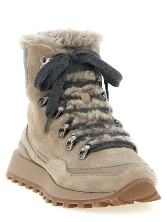 Brunello Cucinelli Lace-Up Calfskin Ankle Boot - Beige