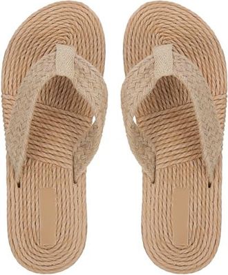 IFUNDOM Ciieeo Pantoufles de Plage Tress&eacute;es Imitation Paille Plates, Chaussures Dext&eacute;rieur pour Femmes, Sandales Estivales Beige Taille 38, L&eacute;g&egrave;res et Stables