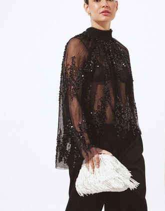 NA-KD plissiertes Mesh-Top mit Pailletten und Schal in Schwarz