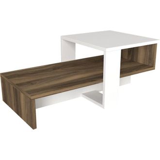 Vente-Unique Vente-unique - Table Basse Blanche et Noyer avec Rangement, 80x16,3x43,6 cm et 40x32,6x43,6 cm, Pour Salon ou Chambre