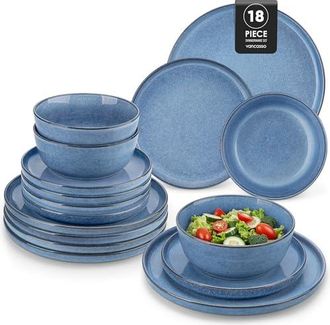 VANCASSO S&eacute;rie ANYA Service Vaisselle 18 Pi&egrave;ces pour 6 Personnes, Vaisselle en Gr&egrave;s - 6 Assiettes Plates, 6 Assiettes &agrave; Dessert et 6 Bols - Adapt&eacute; au Micro-Ond