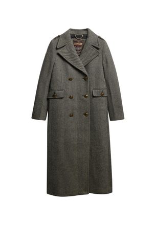 Superdry Damen Zweireihiger Mantel aus Wollmischung Elfenbein/Schwarzes Fischgr&auml;tmuster 36