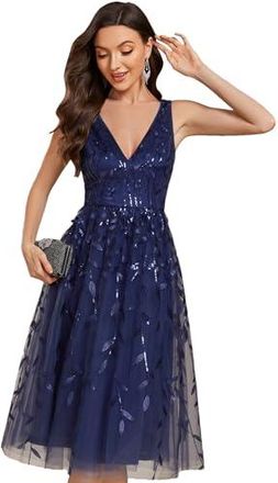 Ever-pretty Robe pour Invité Mariage Dos Nu Femme Paillettes Feuilles Double V-Col sans Manches A Line Taille Empire Robe de Bal Brillante