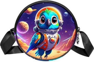 Generic Sac &agrave; bandouli&egrave;re rond pour femme, perroquet dans lespace, petit sac &agrave; bandouli&egrave;re avec fermeture &eacute;clair, bretelles r&eacute;glables, sac &agrave; main rond d&eacute;contr
