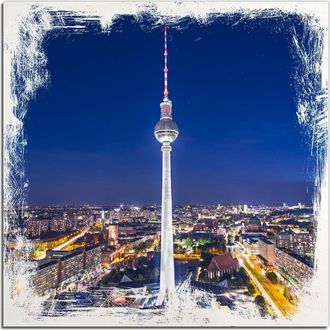 Wallario Wandbild aus Holz Fernsehturm Berlin bei Nacht - 40 x 40 cm in Premium-Qualität: Brillante Farben