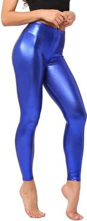Onsoyours Femme Leggings Métallique Taille Haute Effet Mouillé Brillant Party Disco Carnaval Sexy Pantalons Shiny Leggings A Bleu Saphir L