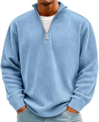 Generic Chemise à col montant côtelée simple et décontractée pour homme, polo élégant en velours côtelé à fermeture éclair quart de longueur, chemises dhiver 