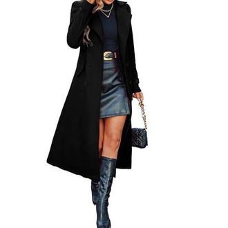 Generic Femmes Mode Automne Hiver Double Boutonnage Revers Chaud Mi-Long Manteau, Noir, M