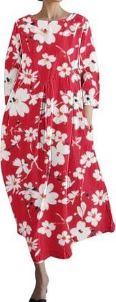 FNKDOR Robe Longue Femme Vintage Imprimé Floral Robe de Plage Vacances Grande Taille Ample Robes Décontractée à Manches 3/4 Plissée A-Line Robe de Soirée Rob