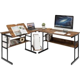 Costway Costway - L-f&ouml;rmiger Schreibtisch, Eckschreibtisch aus Holz mit neigbarer Tischplatte, unterem B&uuml;cherregal & CKunstleder-St&auml;nder, Zeichentisch