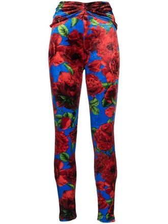 Magda Butrym legging en velours &agrave; roses imprim&eacute;es - Bleu