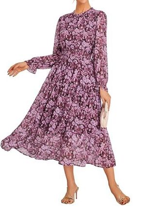 Grace Karin Robe &Eacute;l&eacute;gante pour Femme en Mousseline avec Manches Longues et Jupe &Eacute;vas&eacute;e