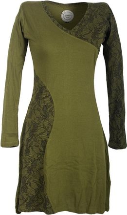 vishes Alternative Bekleidung - Asymmetrisches Damen Lagenlook Kleid Baumwolle mit Spitze Bedruckt Olive 40-42