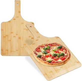 Relaxdays Pizzaschieber Bambus, 2er Set, 50x30 cm, eckig, Pizzaschaufel, abgerundete Kanten, Griff, Brotschieber, Natur