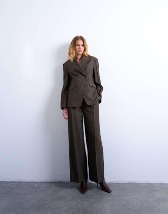 Topshop Pantalon densemble ceintur&eacute; &agrave; taille haute - Marron-Brown