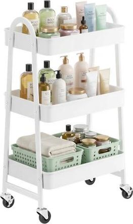 Songmics Chariot Mobile &agrave; 3 Niveaux, Desserte sur roulettes, &Eacute;tag&egrave;re de Rangement en m&eacute;tal, avec poign&eacute;es, 2 Freins, Montage Facile, pour Atelier, Chambre, Cui