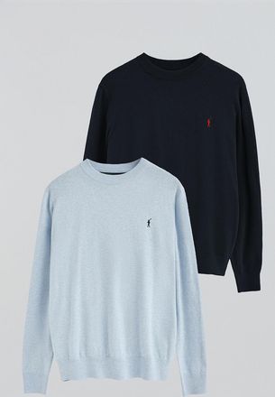 Polo Club Zweierpack Herrenpullover marineblau und hellblau meliert aus Wollgemisch mit gesticktem Rigby Go-Logo