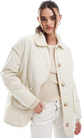 Threadbare Steppjacke in Creme mit Cord-Detail-Weiß