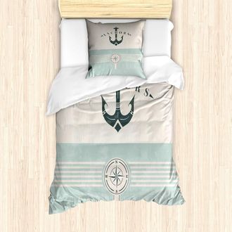 Abakuhaus Nautisch Bettbezug Set für Einzelbetten, Altmodisch Maritim Anker, Weicher Microfaserstoff Allegigeignet kein Verblassen,Seafoam Beige Reseda Grün