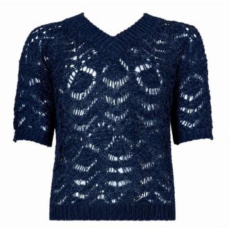 D.exterior Femme, Pulls, Bleu, Taille: 40 FR Tricot Chevron Col V