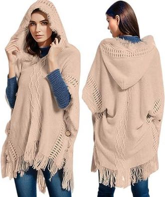 Generic Poncho Femme Hiver Chaud Chale Femme Hiver Chaud Cape Femme Effet enveloppant Ch&acirc;le Avec Manches Et Capuche Long Ample Style Ethnique Tr&egrave;s