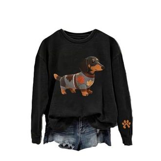 Generic Sweat-shirt pour femme Printemps et Automne Imprim&eacute; Art Chien Dr&ocirc;le Teckel Automne Sweat-shirt, Noir, XXL