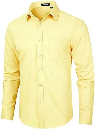 Hisdern Chemise Jaune Clair à Manches Longues pour Hommes Chemise Habillée en Fibre de Bambou Coupe Régulière Chemise sans Repassage avec Poche,S