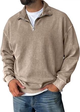 Generic Sweat-shirt l&eacute;ger uni pour homme 2026 - Demi-fermeture &eacute;clair - Manches longues avec col montant ray&eacute; - Coupe ample - Sans capuche - Pour entra&icirc;nement