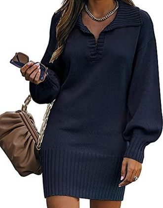 Minetom Femme Pull Robe Col V Manche Longue Tricot Mini Robe Automne Hiver Couleur Unie Pullover Tunique Chandail A Bleu S