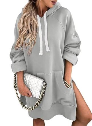 Generic Sweat &agrave; capuche surdimensionn&eacute; de couleur unie pour femme - Robe longue d&eacute;contract&eacute;e &agrave; ourlet fendu - Pull &agrave; manches longues avec poche - Automne, gri