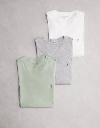 AllSaints Tonic - Lot de 3 t-shirts &agrave; manches courtes et logo - Vert, blanc et gris-multicolore