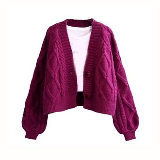 Generic Cardigan tricot&eacute; pour femme - Printemps - L&acirc;che - SLE - Haut boutonn&eacute; - Manches longues - Col en V, violet/rouge, Taille XS