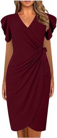 Generic Robes amincissantes pour femmes, robe d&eacute;contract&eacute;e avec temp&eacute;rament de style et coupe ajust&eacute;e, impression pliss&eacute;e, couleur unie, bordeaux, XXL