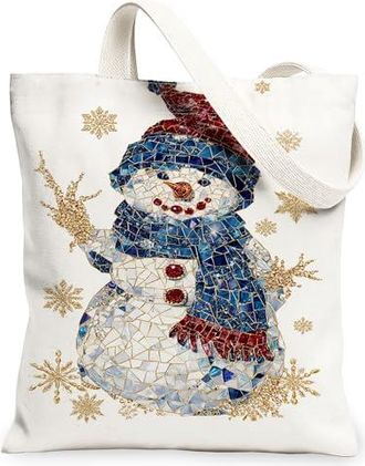 Generic Sacs fourre-tout en toile motif bonhomme de neige dhiver, sacs d&eacute;picerie r&eacute;utilisables, l&eacute;gers et lavables avec bandouli&egrave;re, blanc, 13x15 Inch
