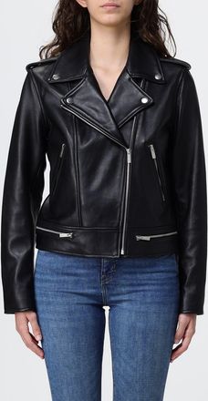 Twinset Veste de motard en cuir avec zip asym&eacute;trique et &eacute;paulettes