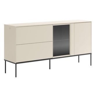 Selsey Sideboard Schwarz Einzelt&uuml;rige Kommode 166cm Lang mit Mattcreme/Laminat & Geh&auml;rtetem Glas Integriertes Eye-LED-Licht - Modernes Design mit Push-to-Ope