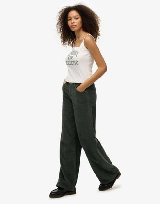 Superdry Pantalon baggy &agrave; taille mi-haute en tissu &agrave; grosses c&ocirc;tes - Vert for&ecirc;t fonc&eacute;