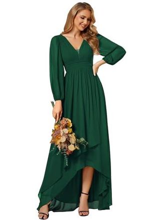 Ever-pretty Robes De Demoiselle dhonneur High Low Manches Longues Col V Lingne A pour Mariage Chic Vert Fonc&eacute; 38