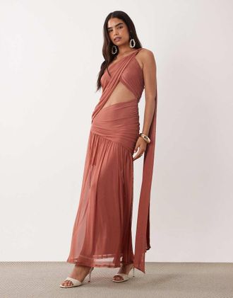 Asos Robe longue asym&eacute;trique avec ceinture nou&eacute;e, d&eacute;coupe et empi&egrave;cements drap&eacute;s - Argile-Rose